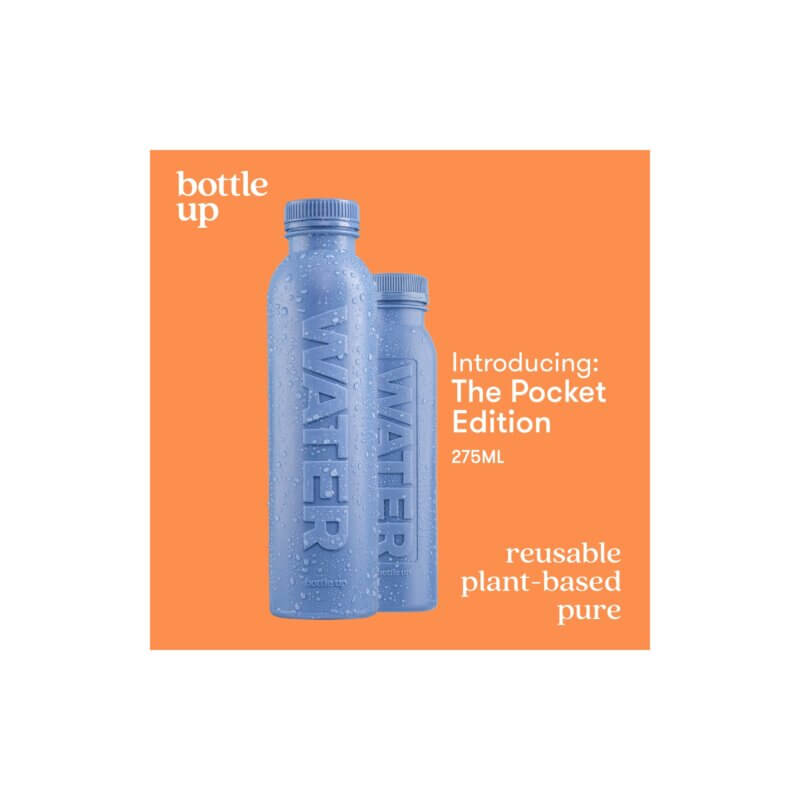 bottle up: still water in a reusable, plant-based bottle